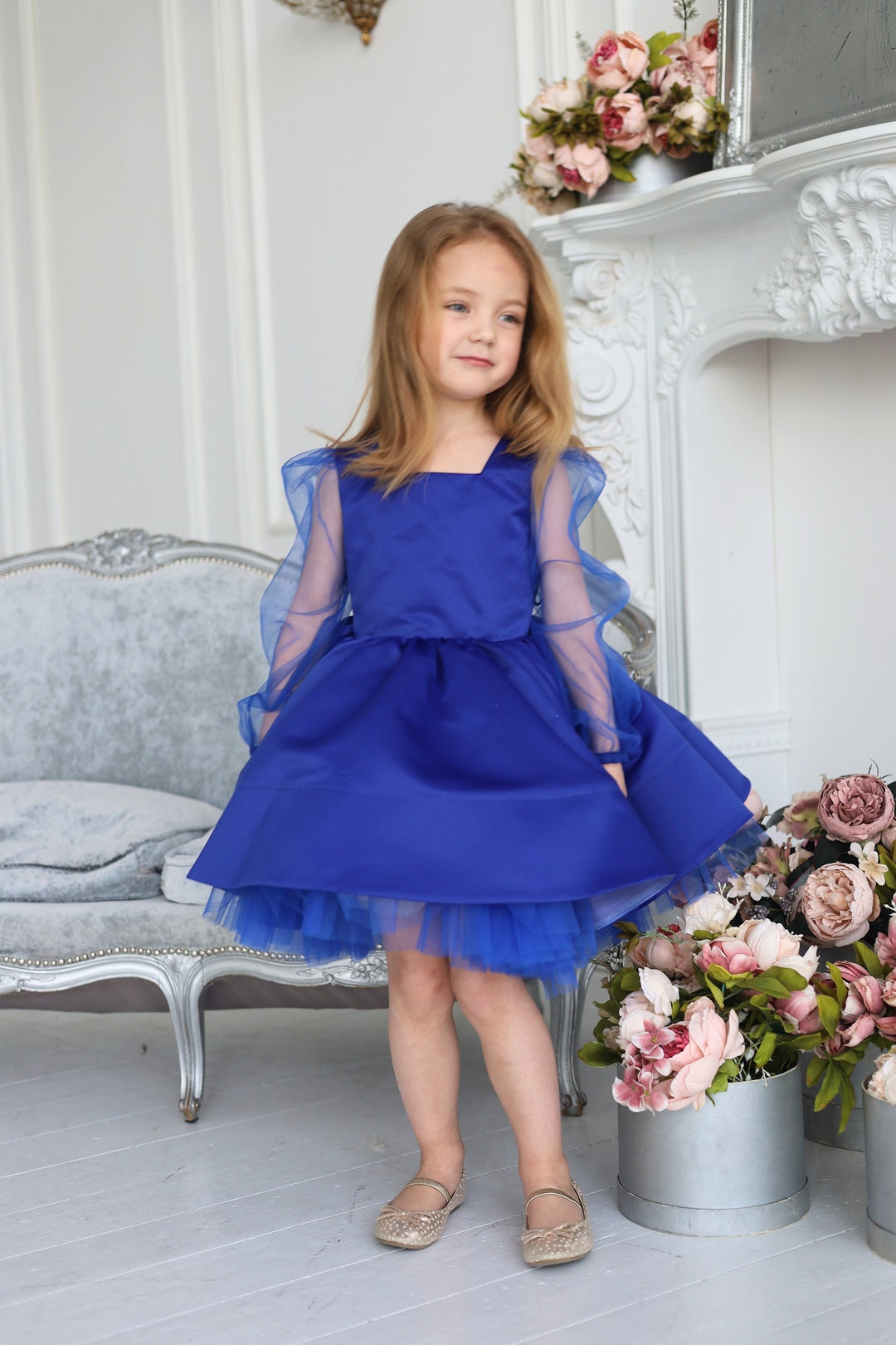 Blue Satin Dress, Navy Blue Flower Girl Dress, First Birthday Dress ...