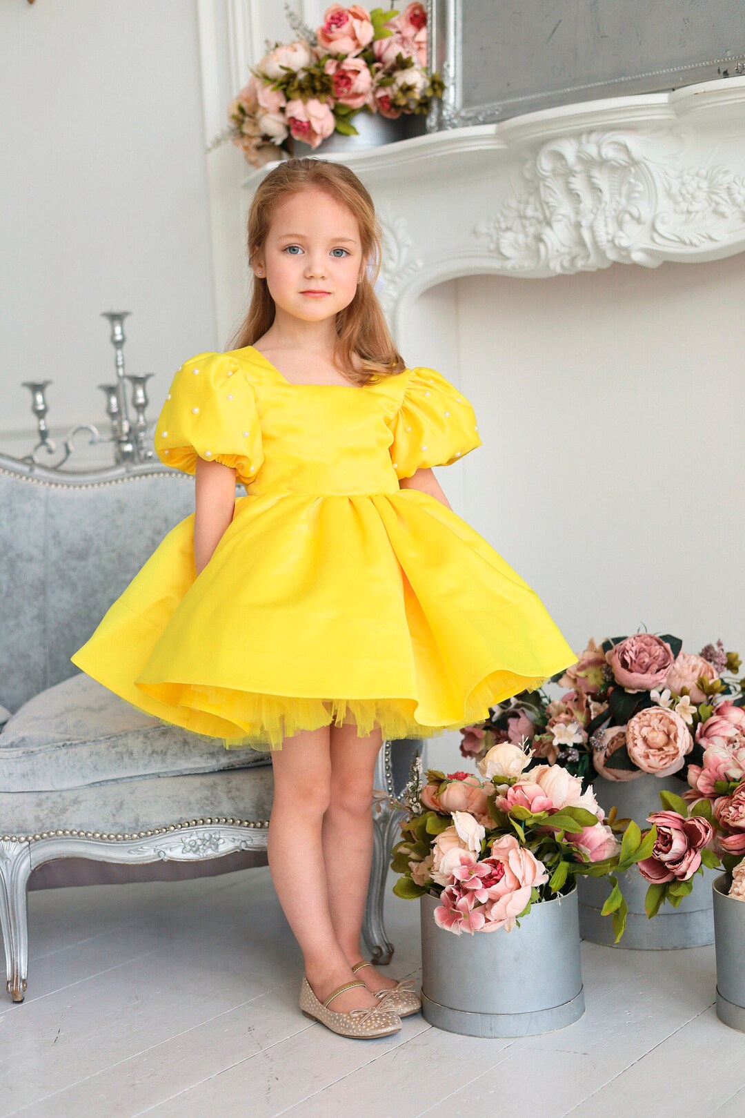 Yellow Flower Girl Dress Flower Girl Blush Dress First Birthday Dress Ivory Girl Dress