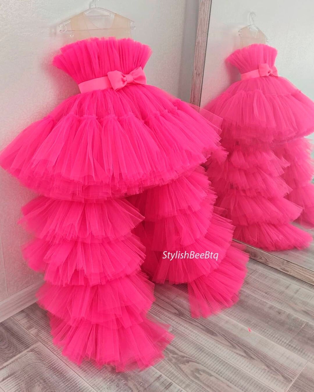 Ruffle Neon Pink Girl Tulle Dress Girl Dress With Train First - Etsy