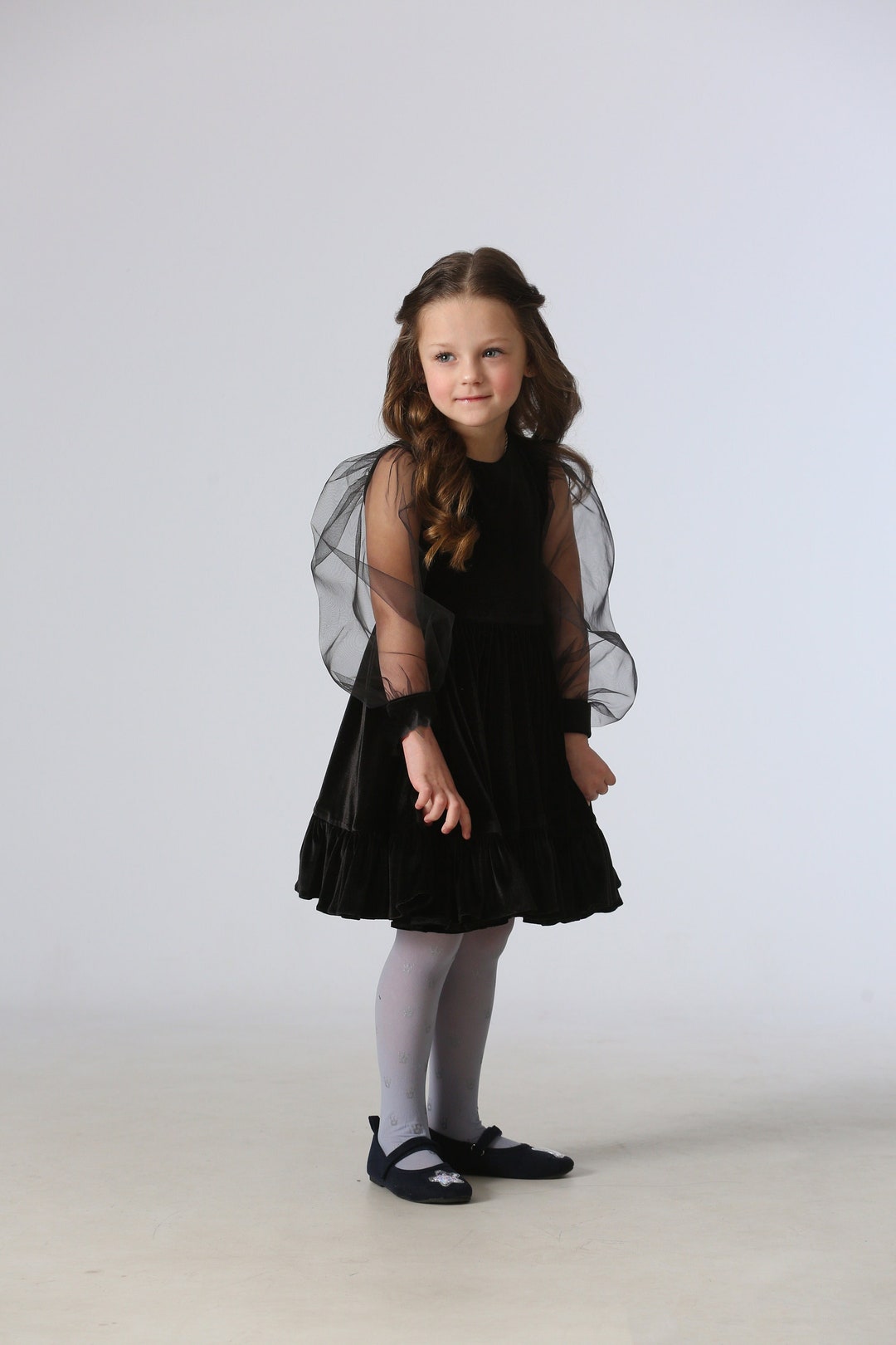 Black Velvet Dress With Tulle Sleeves Flower Girl Dress Black Velvet ...