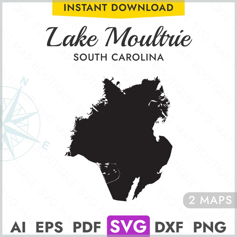 Lake Moultrie South Carolina SVG Map Shape Silhouette, Vector Lake Map ...