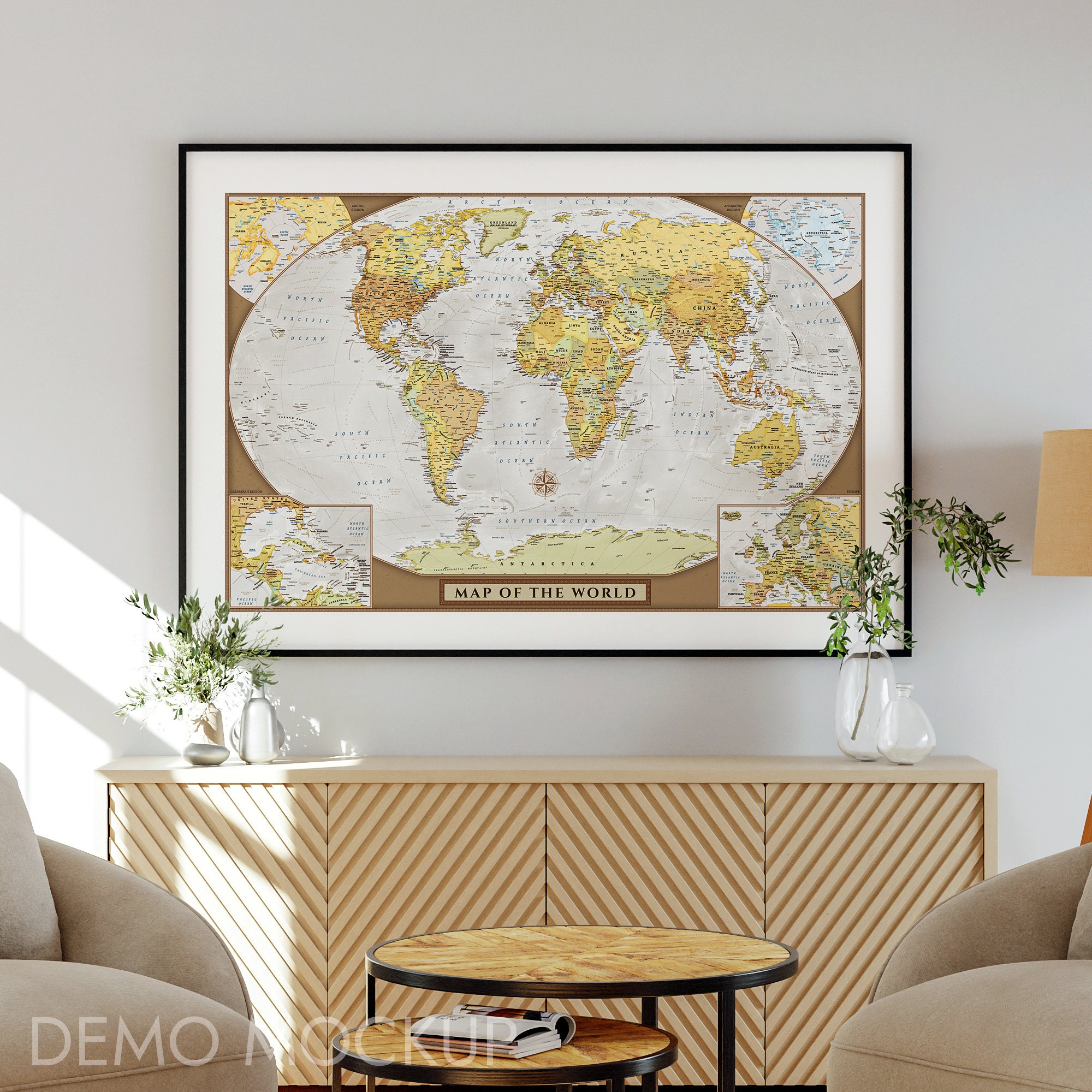 World Map Poster Detailed Political World Map Vintage Style Art Map ...
