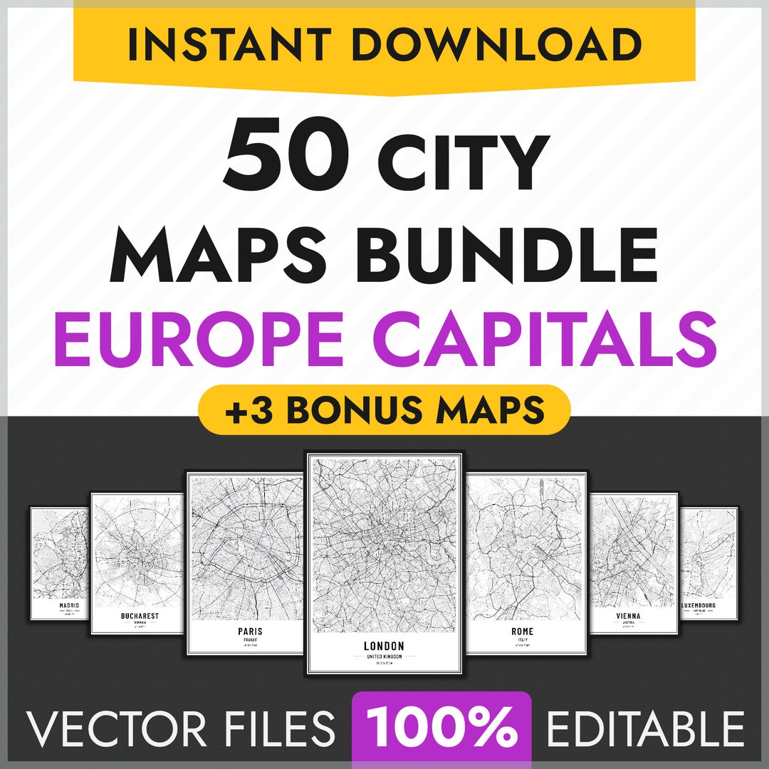 50 Europe Capital City Maps Bundle, Editable Vector City Maps, Custom ...