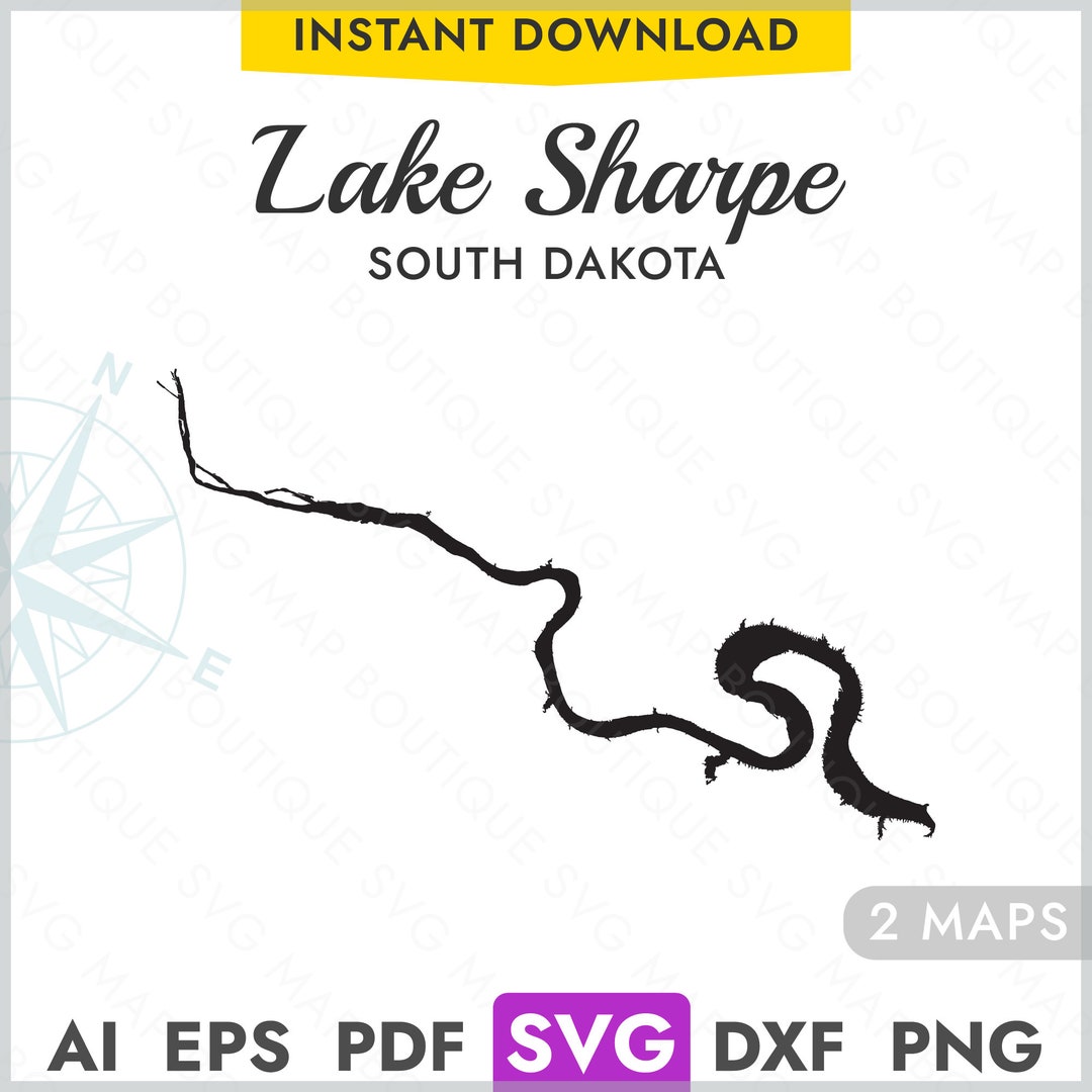 Lake Sharpe South Dakota SVG Map Shape Silhouette, Vector Lake Map Laser Cutting Engraving ...
