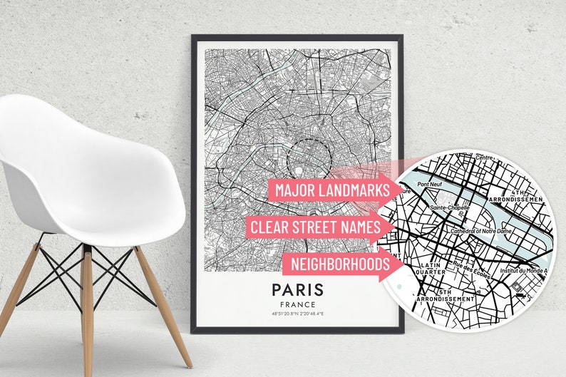 Custom Map of Your City, City Map Poster With Street Names Landmarks ...