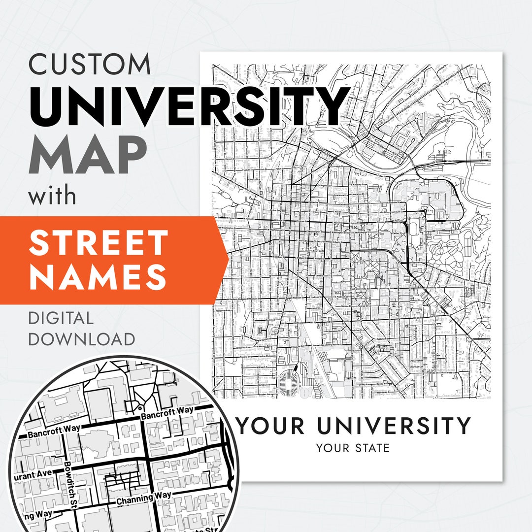 Custom University Map With Street Names, Campus Map Poster With Street ...