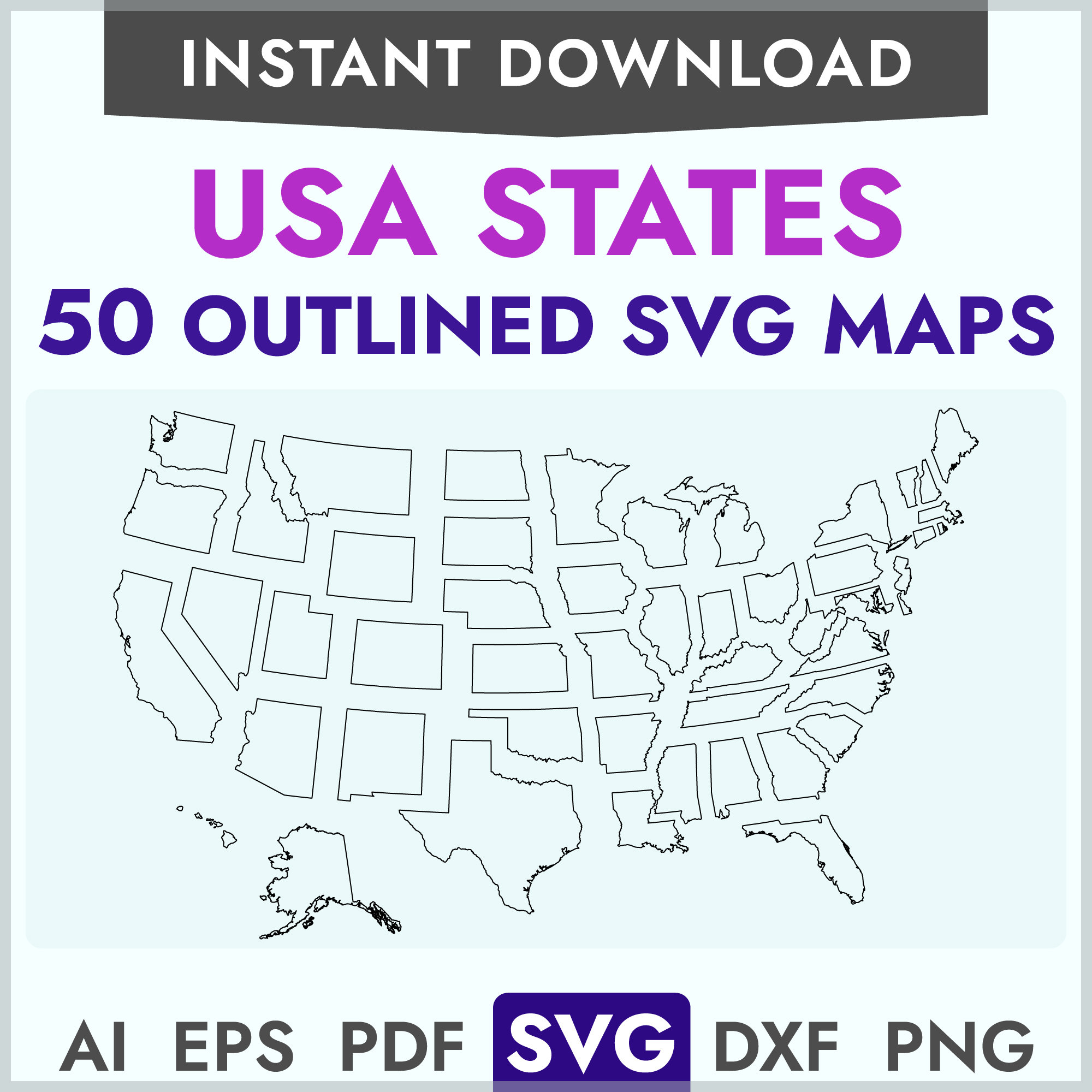 USA States Outlined SVG Maps: 50 State Shapes Clipart (digital Download ...