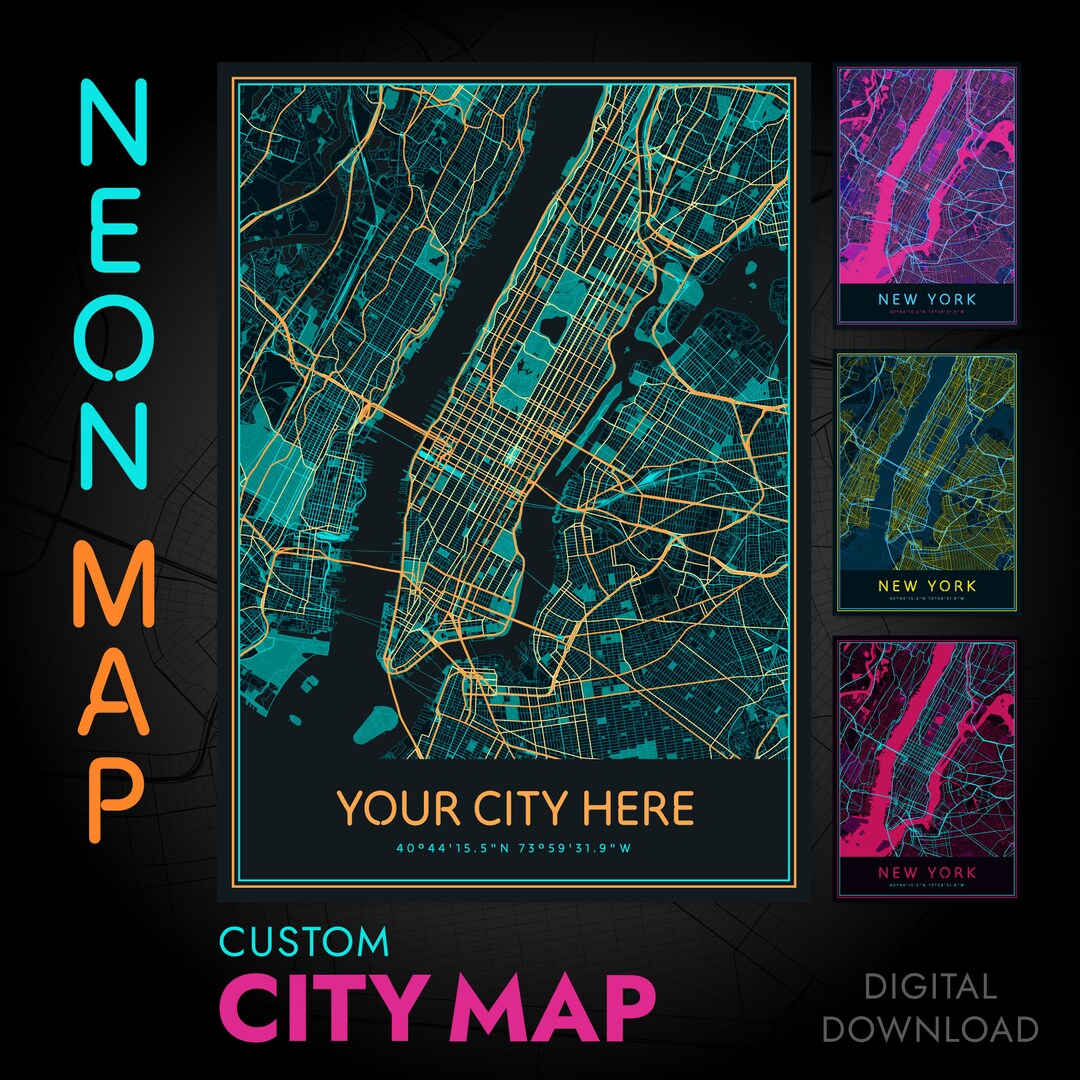 Custom Neon City Map Print Wall Art Cyber Punk City Map Gift Colorful ...