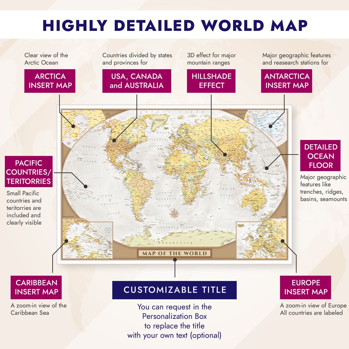 World Map Poster Detailed Political World Map Vintage Style Art Map ...