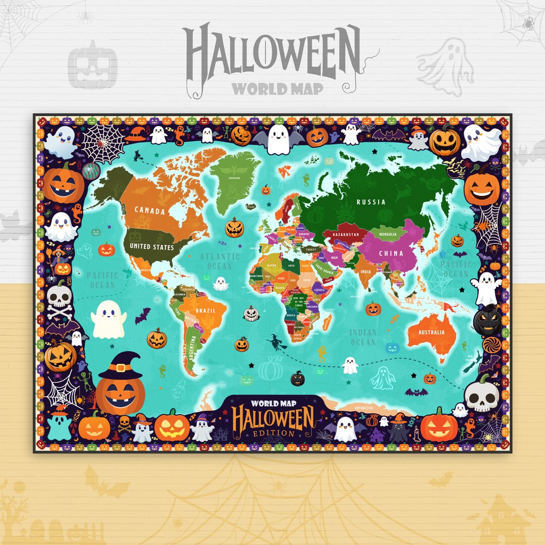 Personalized Halloween World Map: Spooky Classroom Decor (digital ...