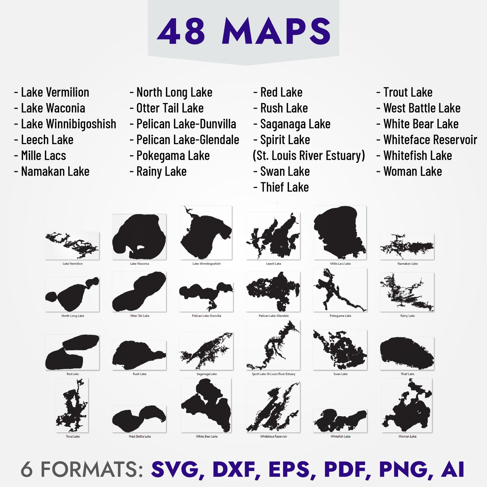 Minnesota Lakes SVG Maps Bundle, 48 Lake Maps Outline Shape Lake Map ...