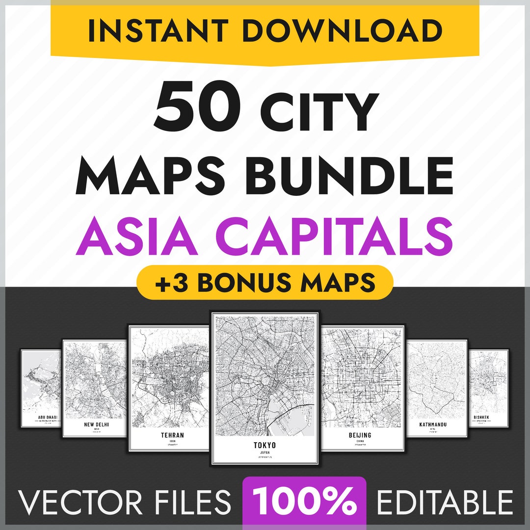 50 Asia Capital City Maps Bundle, Editable Vector City Maps, Custom ...