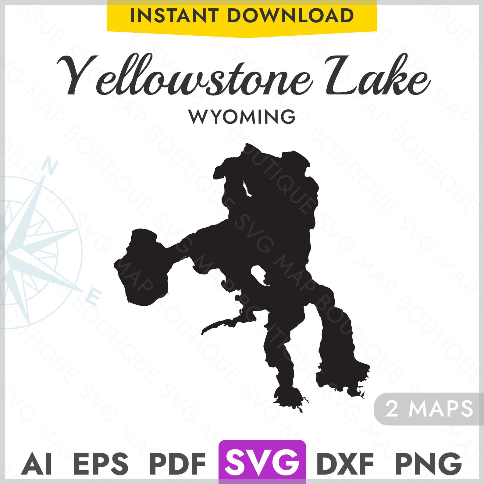 Yellowstone Lake Wyoming SVG Map Shape Silhouette, Vector Lake Map ...