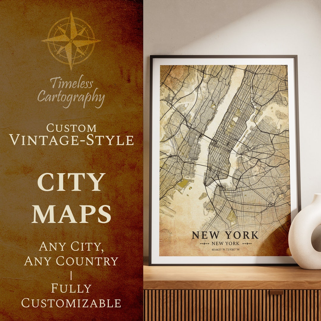 Custom Vintage Style City Map, City Map Print, Street Map, City Print ...