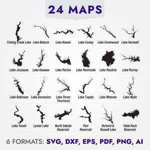 South Carolina Lakes SVG Maps Bundle, 24 Lake Maps Vector Shape Lake ...