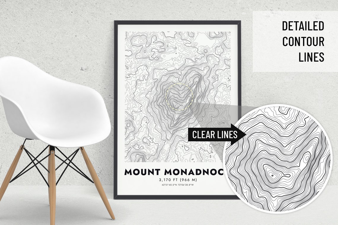 Custom Mountain Contour Map: Topographic Lines Art Print (digital ...
