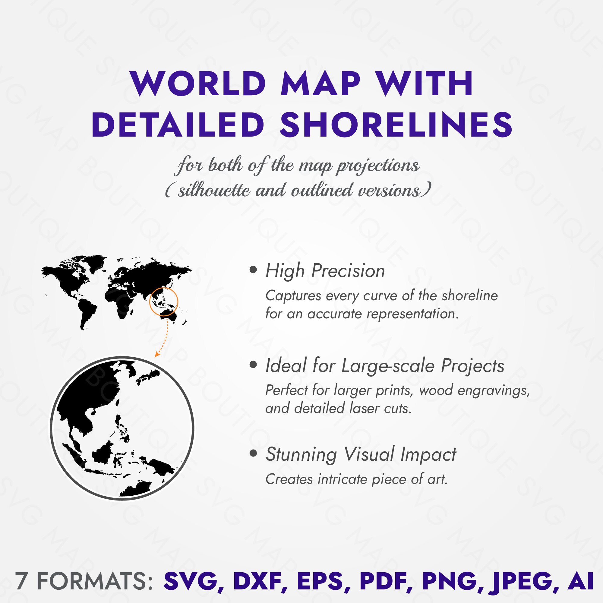 Detailed World Map SVG Clipart: Silhouette, Outlined (digital Download ...