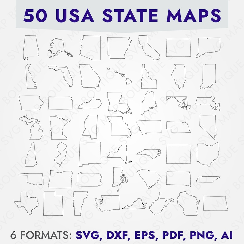 Simple USA States Outlined SVG Maps, 50 States Map Shape Clipart, State ...