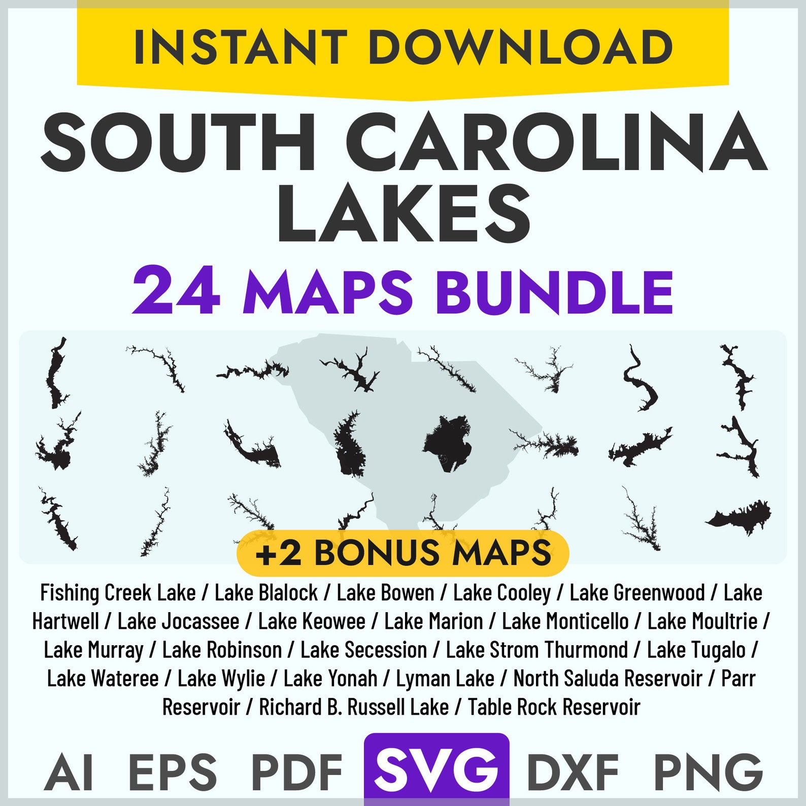 South Carolina Lakes SVG Maps Bundle, 24 Lake Maps Vector Shape Lake ...
