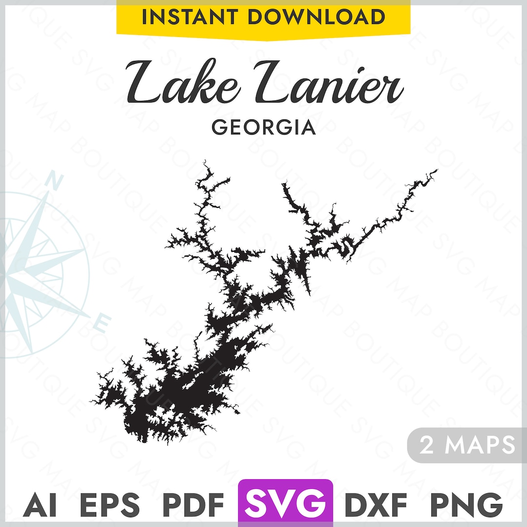 Lake Lanier Georgia SVG Map Shape Silhouette, Vector Lake Map Laser ...