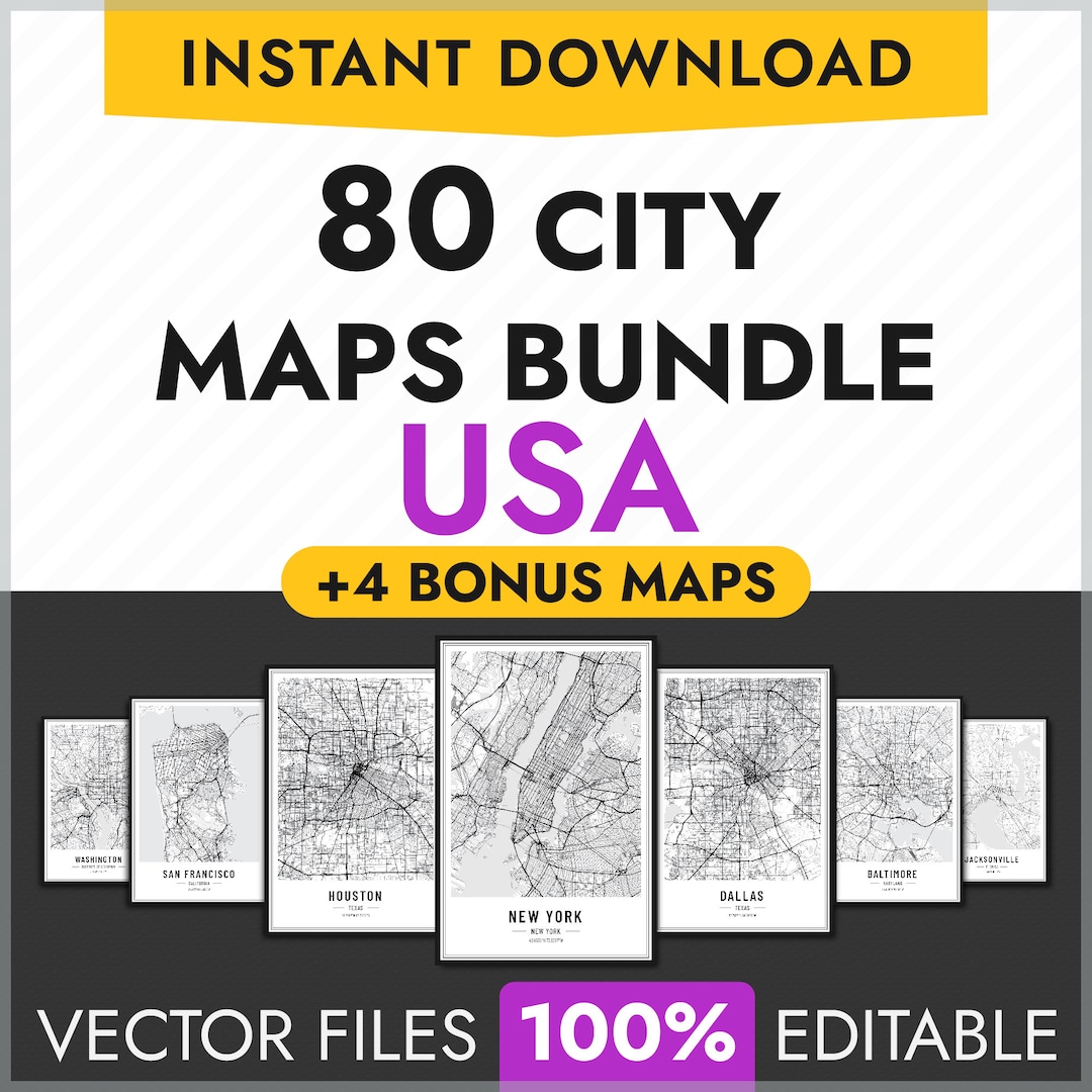 80 USA City Maps Bundle, Editable Vector City Maps, Custom Printable ...