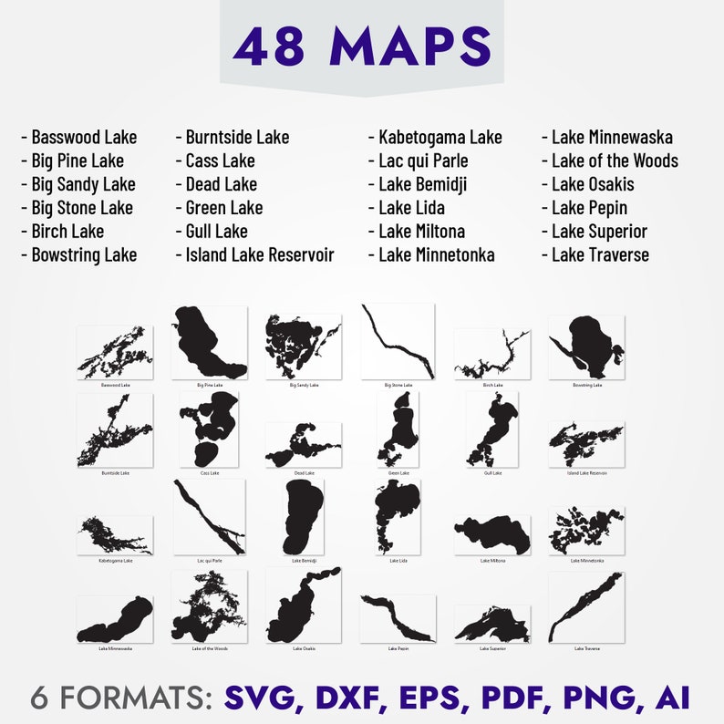 Minnesota Lakes SVG Maps Bundle, 48 Lake Maps Outline Shape Lake Map ...