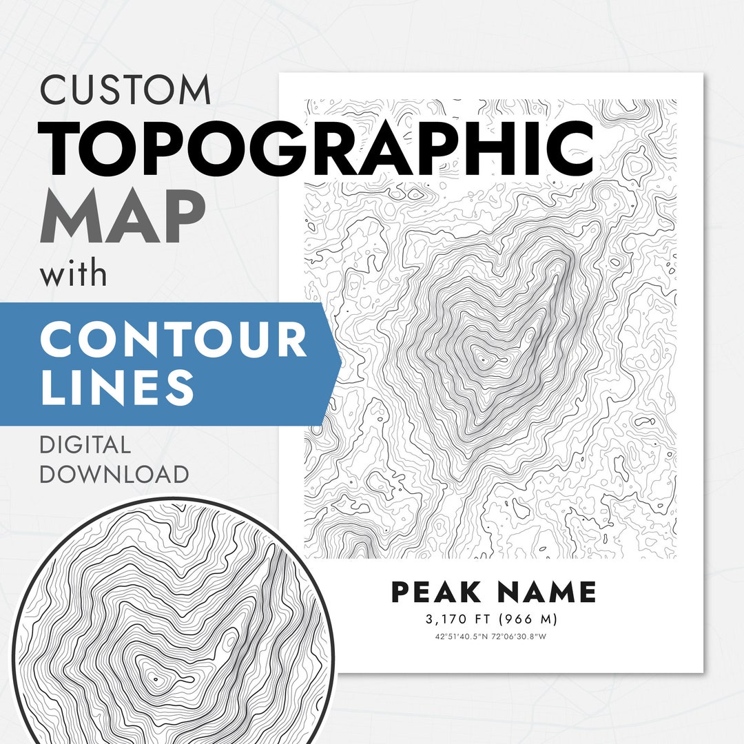 Custom Mountain Contour Map: Topographic Lines Art Print (digital ...