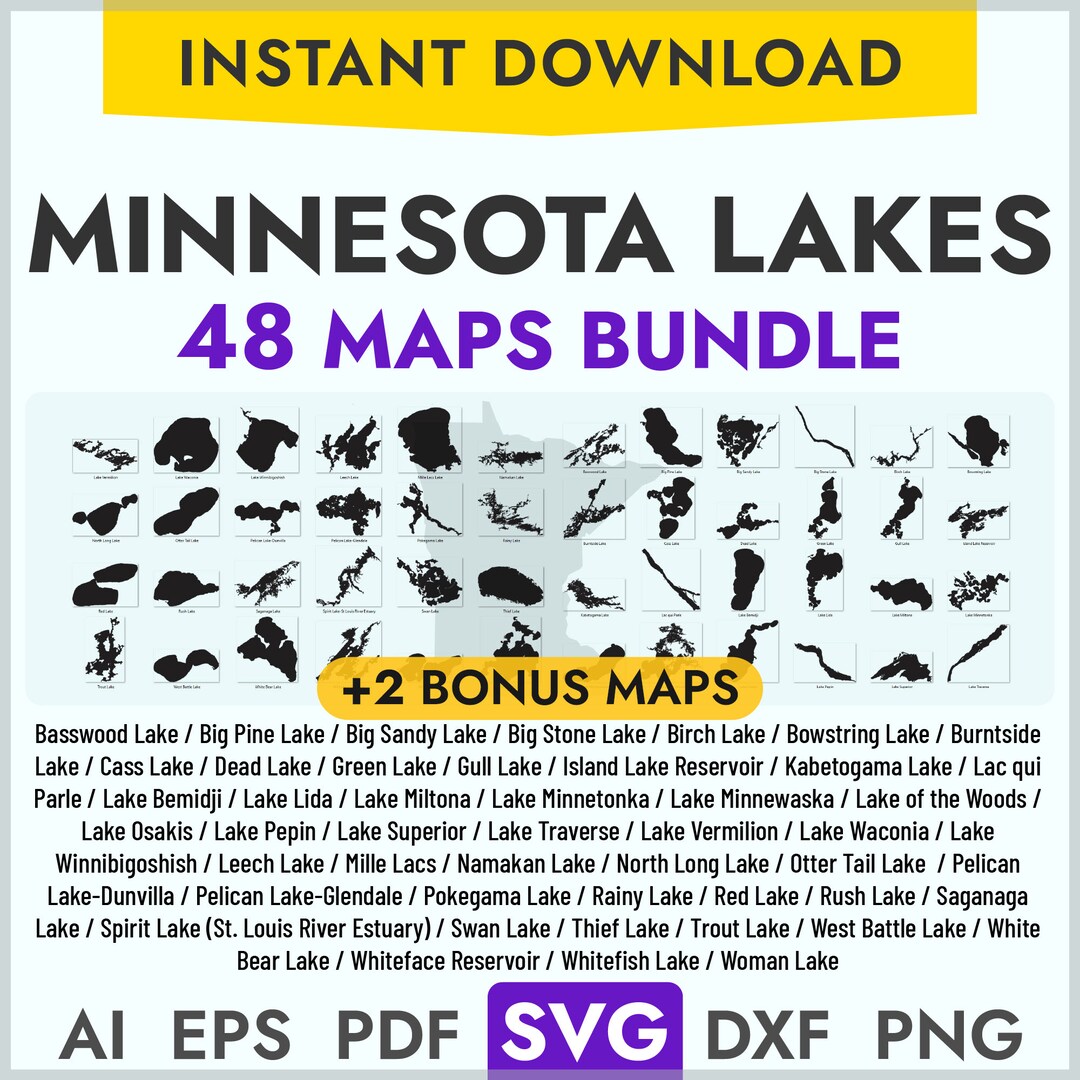 Minnesota Lakes SVG Maps Bundle, 48 Lake Maps Outline Shape Lake Map ...