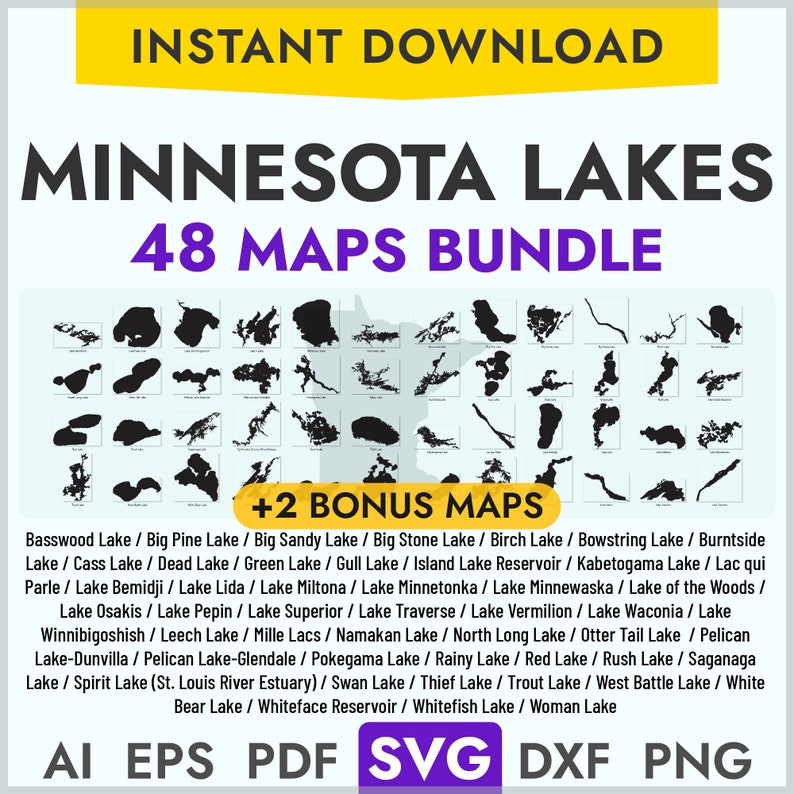 Minnesota Lakes SVG Maps Bundle, 48 Lake Maps Outline Shape Lake Map ...