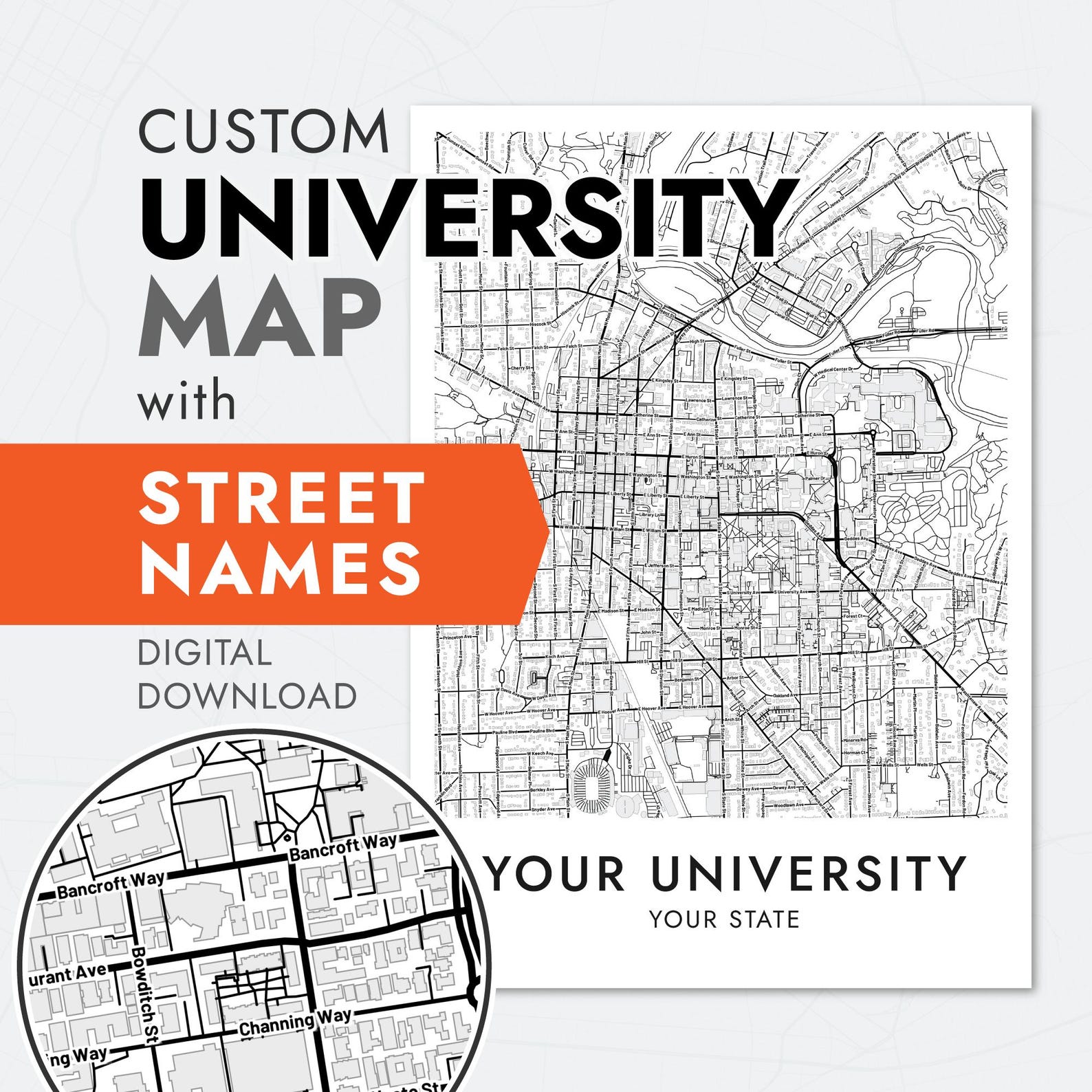 Custom University Map With Street Names, Campus Map Poster With Street ...