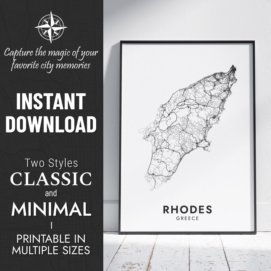 Impresión del mapa de Rodas, Grecia: minimalista en blanco y negro ...