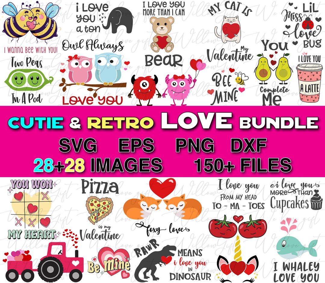 Cute Love Bundle, Valentine Bundle Png, Valentine Clipart, Retro Love ...