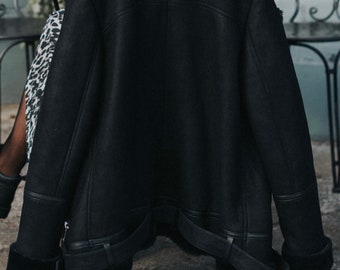Shearling Leather Oversized Aviator Jacket in Black - Etsy Shearling Leather Oversized Aviator Jacket in Black - Etsy