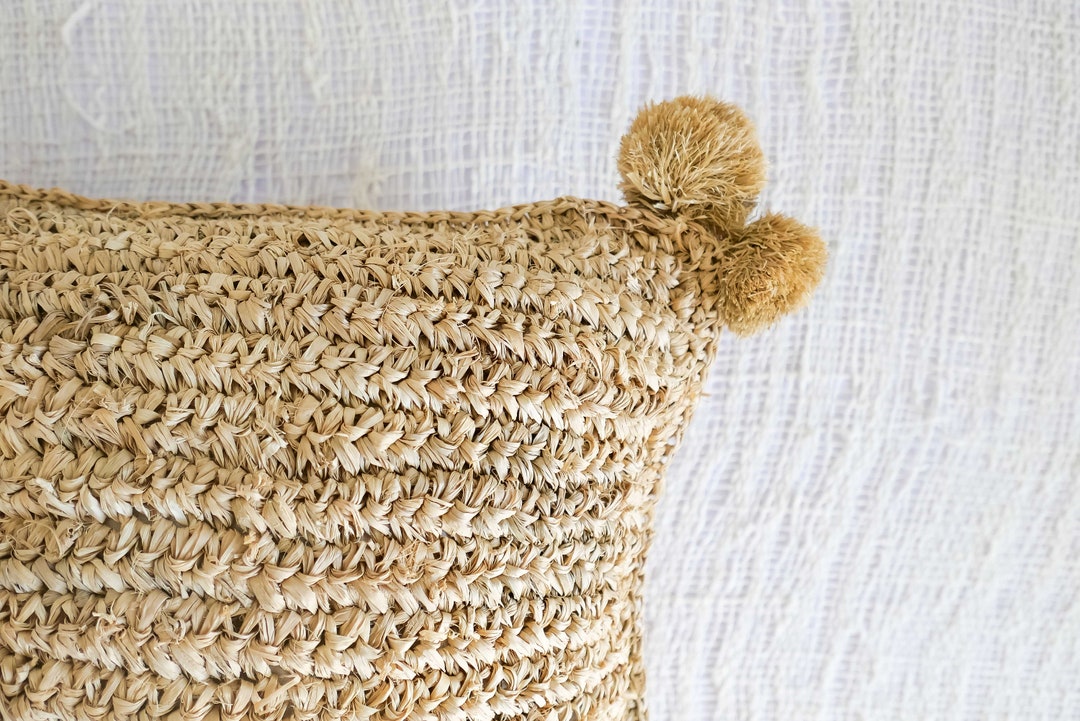 Square Raffia Pillow Cover With Pom Pom | Bohemian Decorative Throw ...