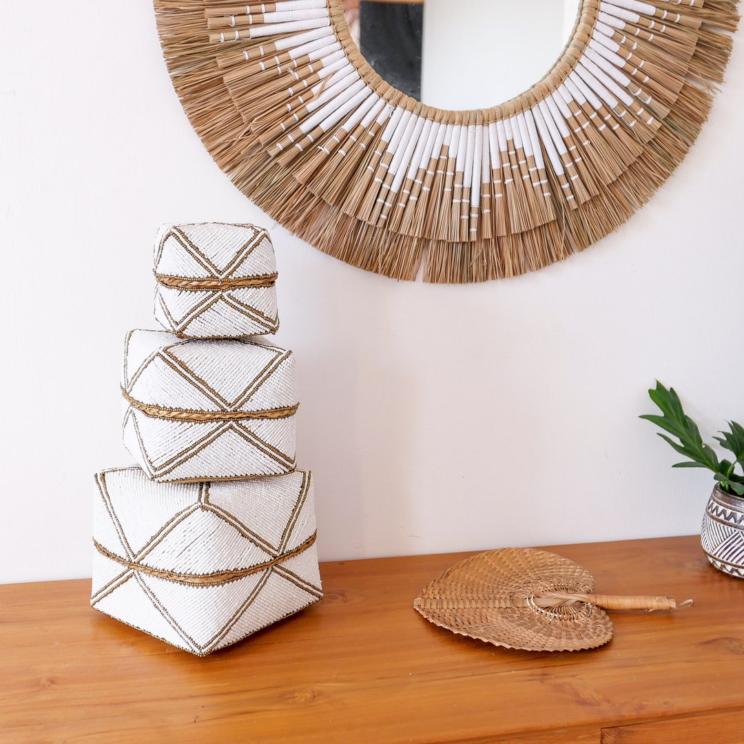 White, Brown and Gold Decorative Handmade Beaded Box Set 009 | Woven ...