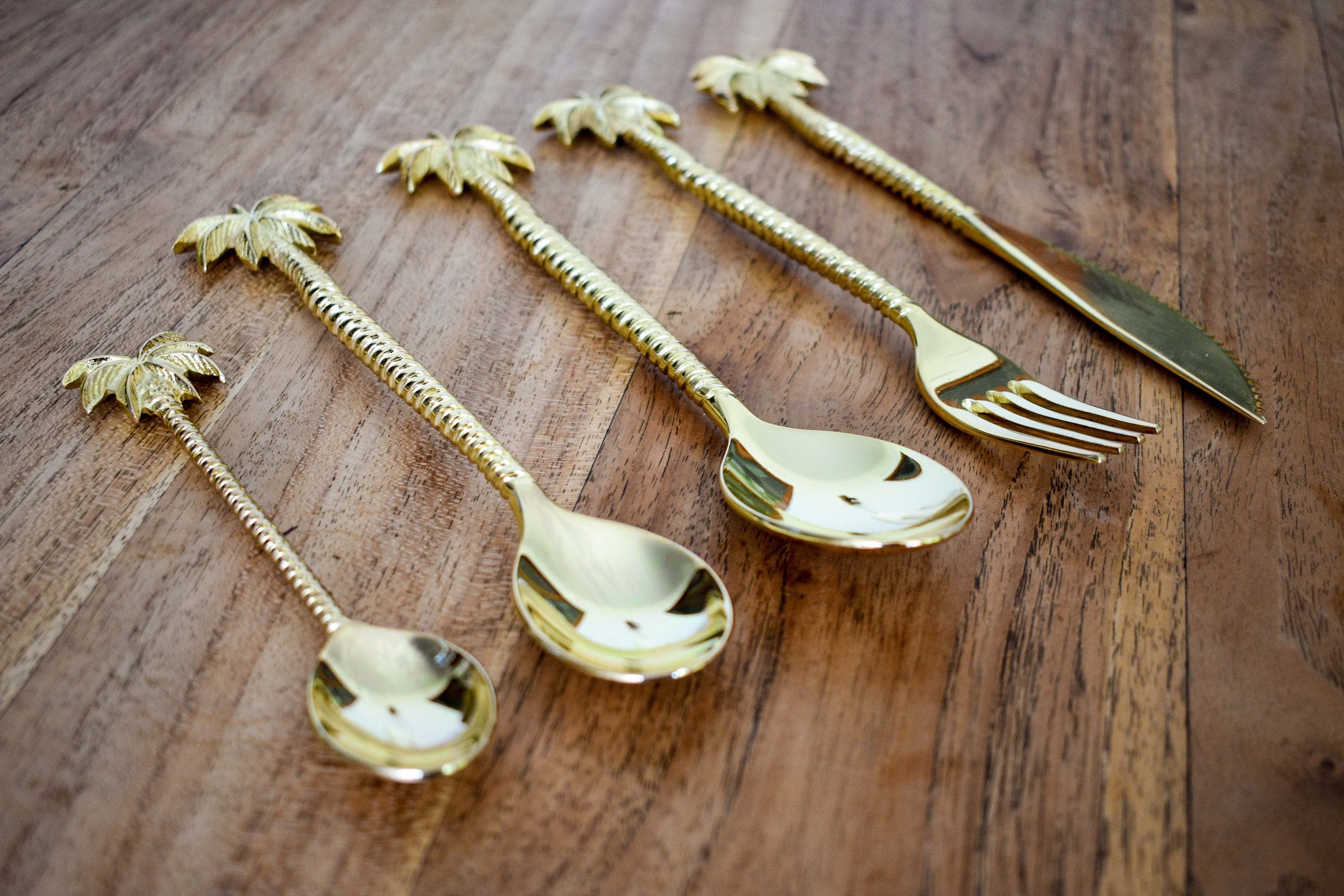 Golden Brass Cutlery Set. Palm Design Boho Cutlery Set 3 - Etsy