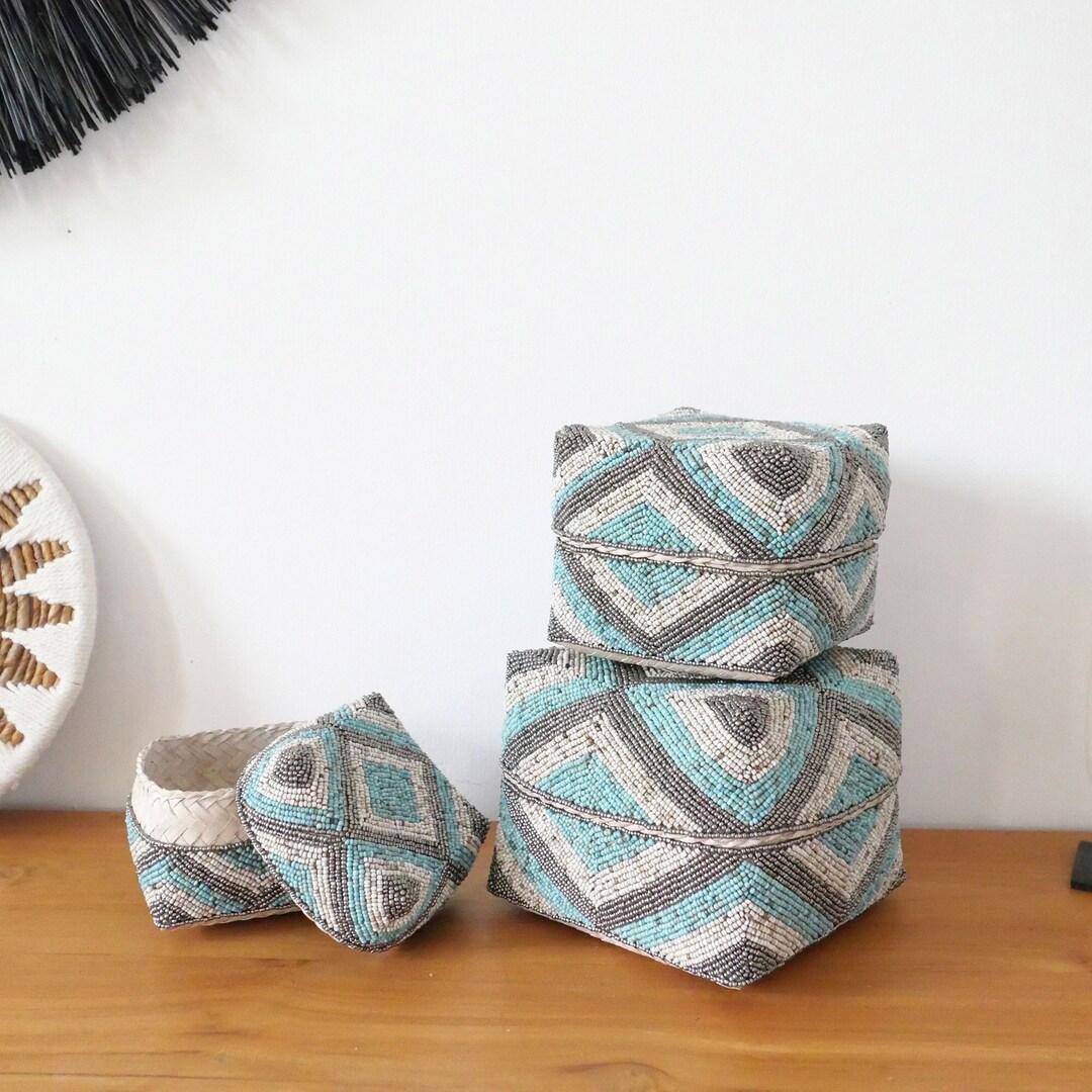 Decorative Beaded Box Set 011 | Balinese Bamboo Box Covered With Beads ...