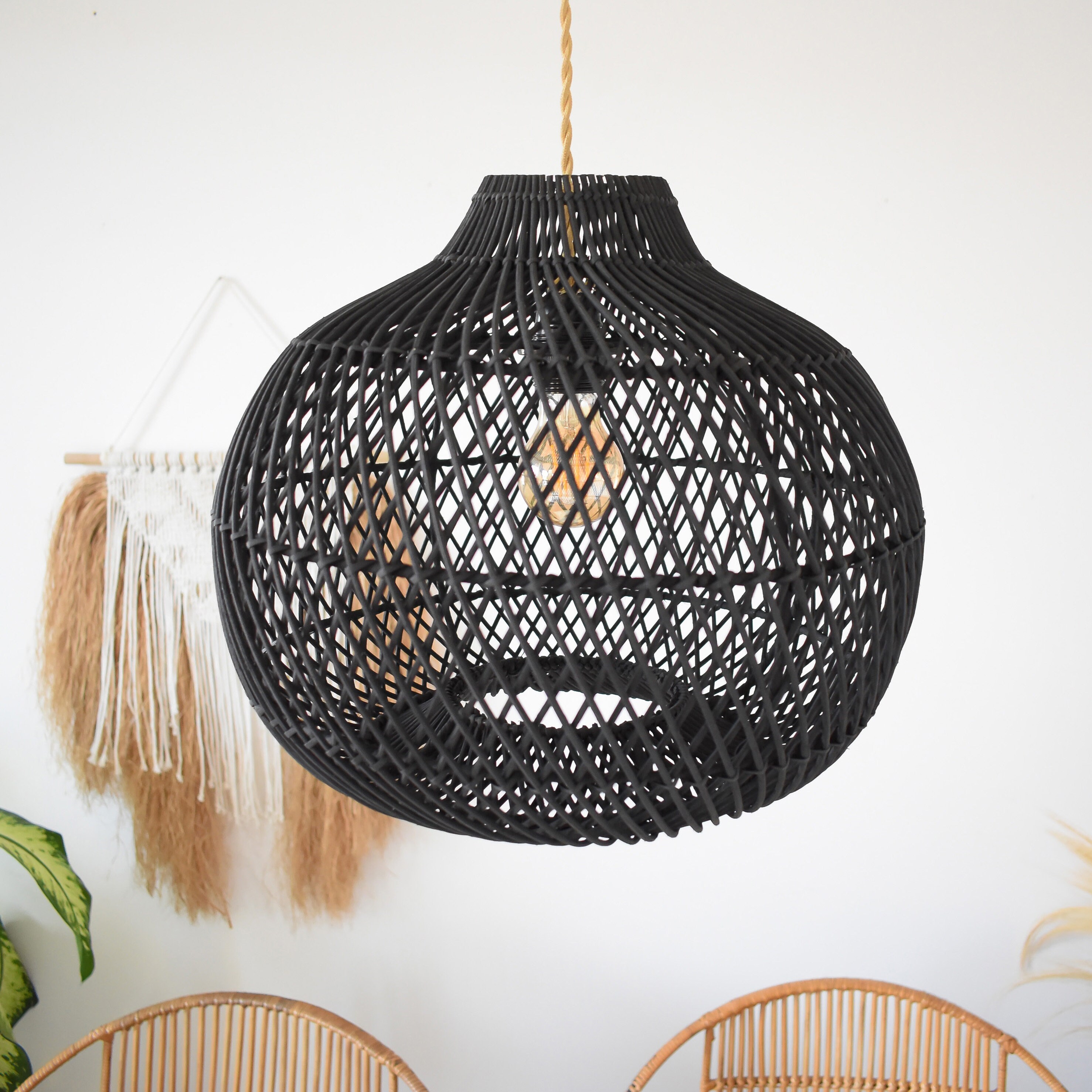 Handmade Rattan Lampshade KANAWA BLACK Wicker Chandelier - Etsy