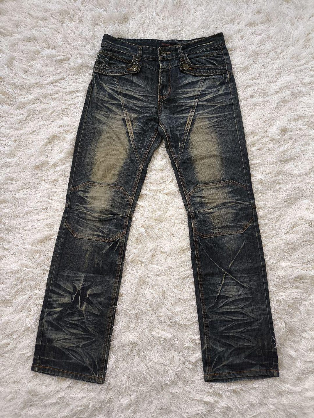 BRING UP JAPAN Flared Faded Claw Mark Double Knee Distressed Denim ...