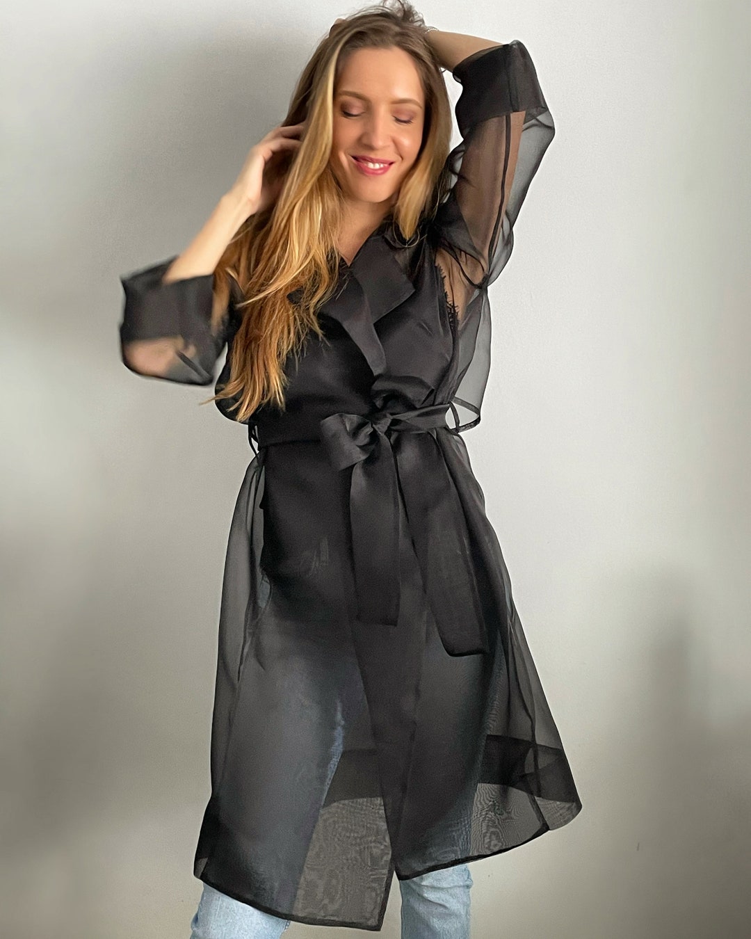Black SILK Organza Trench, Italian Organza Robe, Powder Transparent ...