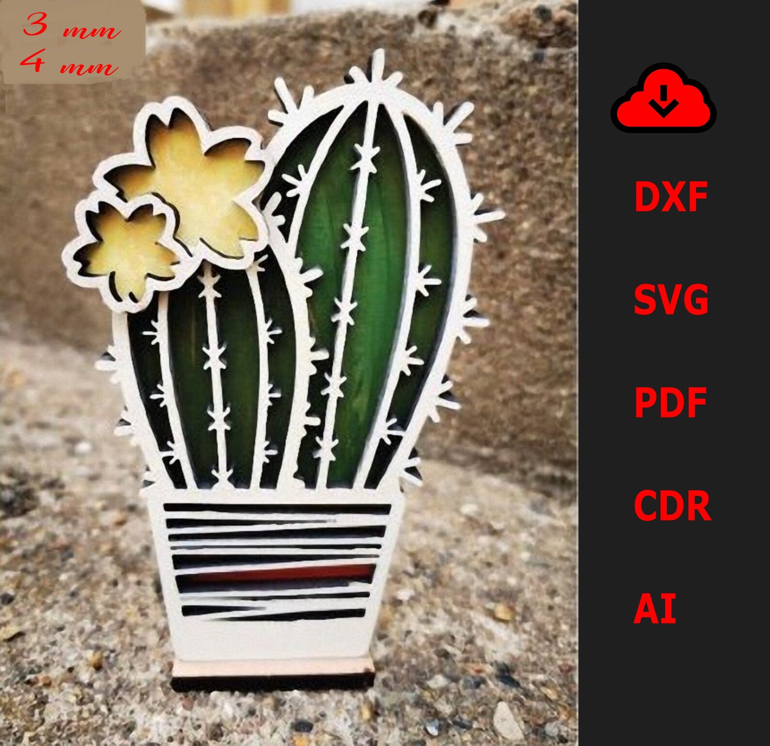 Wooden Cactus Multilayer Laser Cut , DIY 3D Vector Model for 3mm ...