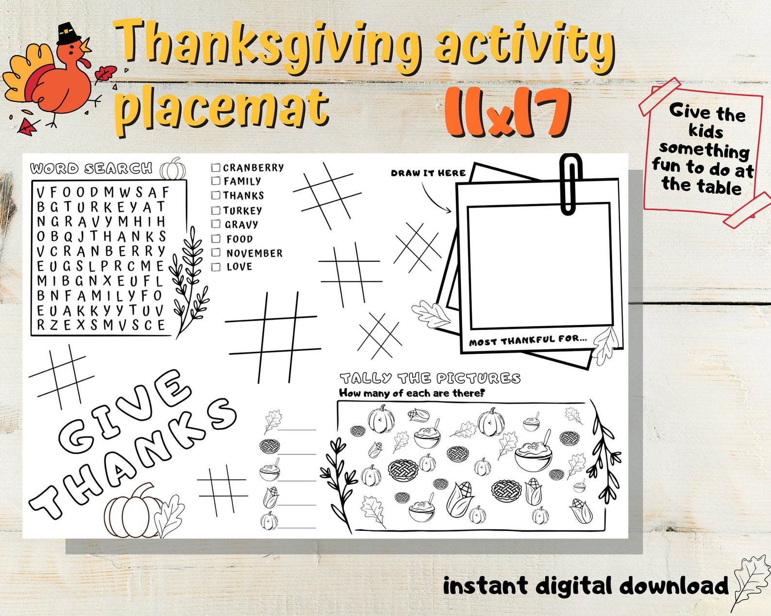Printable Thanksgiving Activity Placemat for Kids / 11x17 / - Etsy