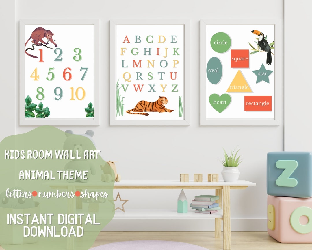 Alphabet, Numbers ,shape / Printable Wall Art / Animal Theme/ Nursery ...