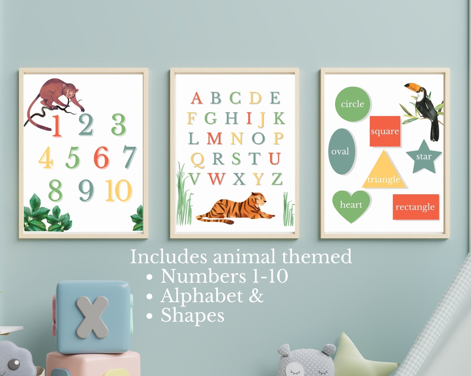 Alphabet, Numbers ,shape / Printable Wall Art / Animal Theme/ Nursery ...