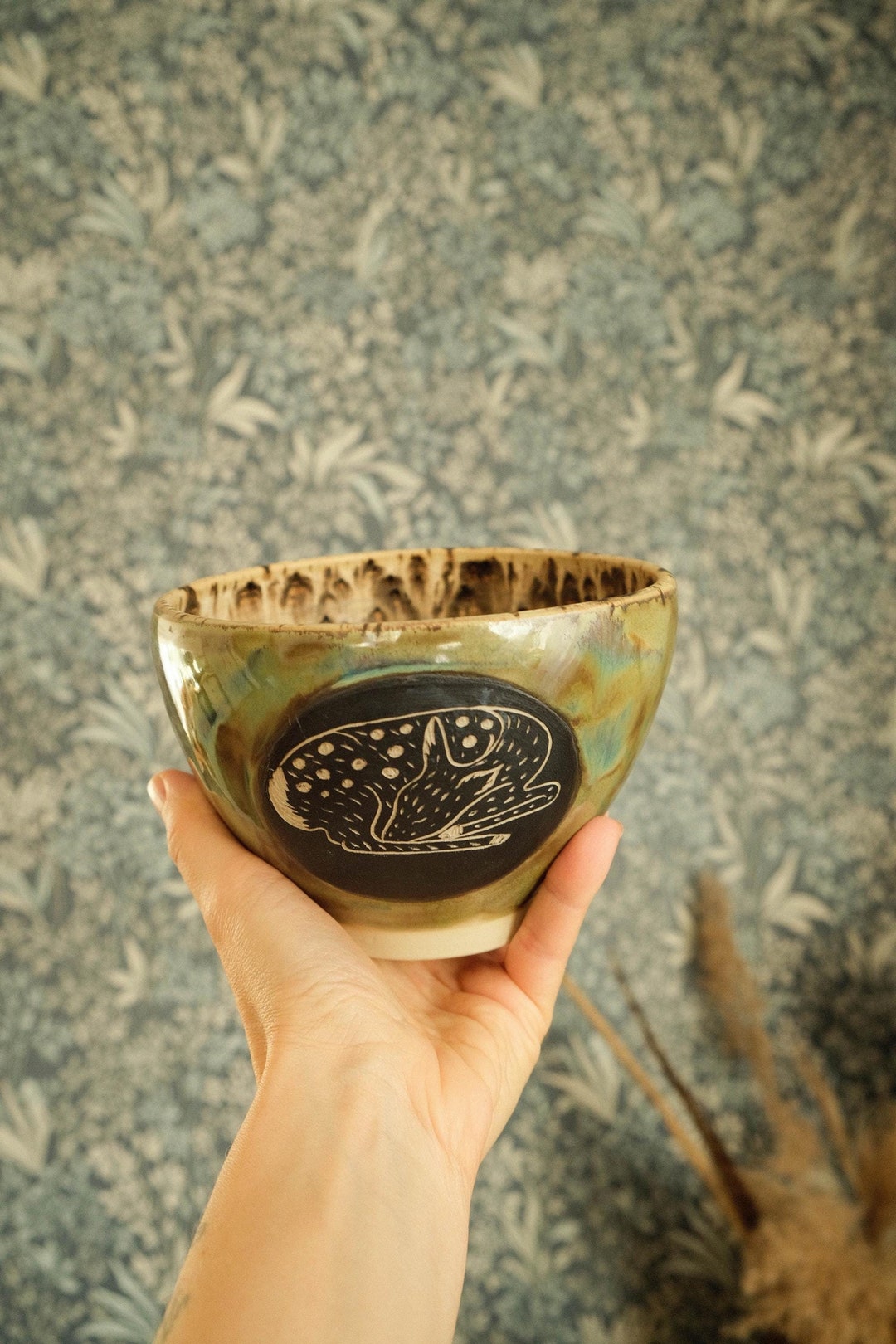 Large Ceramic Bowl "roe Deer" - Beige and Green - 1000 Ml - Ceramic ...
