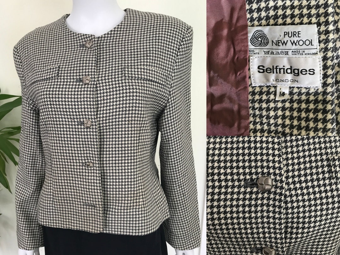 Vintage Selfridges Houndstooth Check Wool Jacket, M, Collarless, Dogtooth Wool, 80s - Etsy