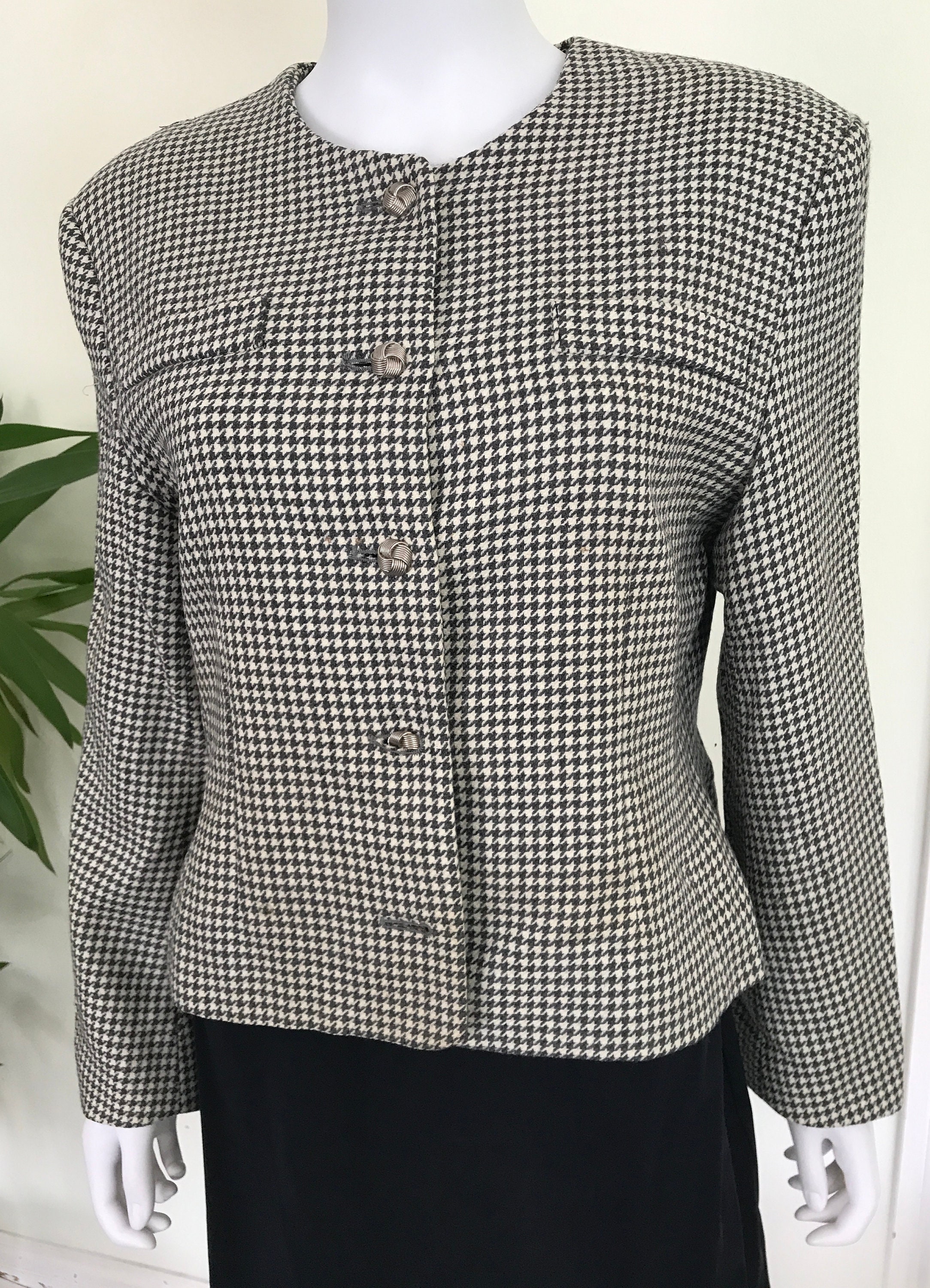 Vintage Selfridges Houndstooth Check Wool Jacket, M, Collarless ...