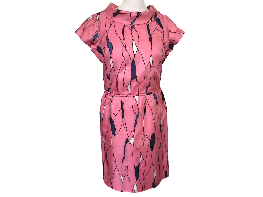 Vintage 60s Lydia Pink Abstract Print Wide Neck Straight Shift Dress ...