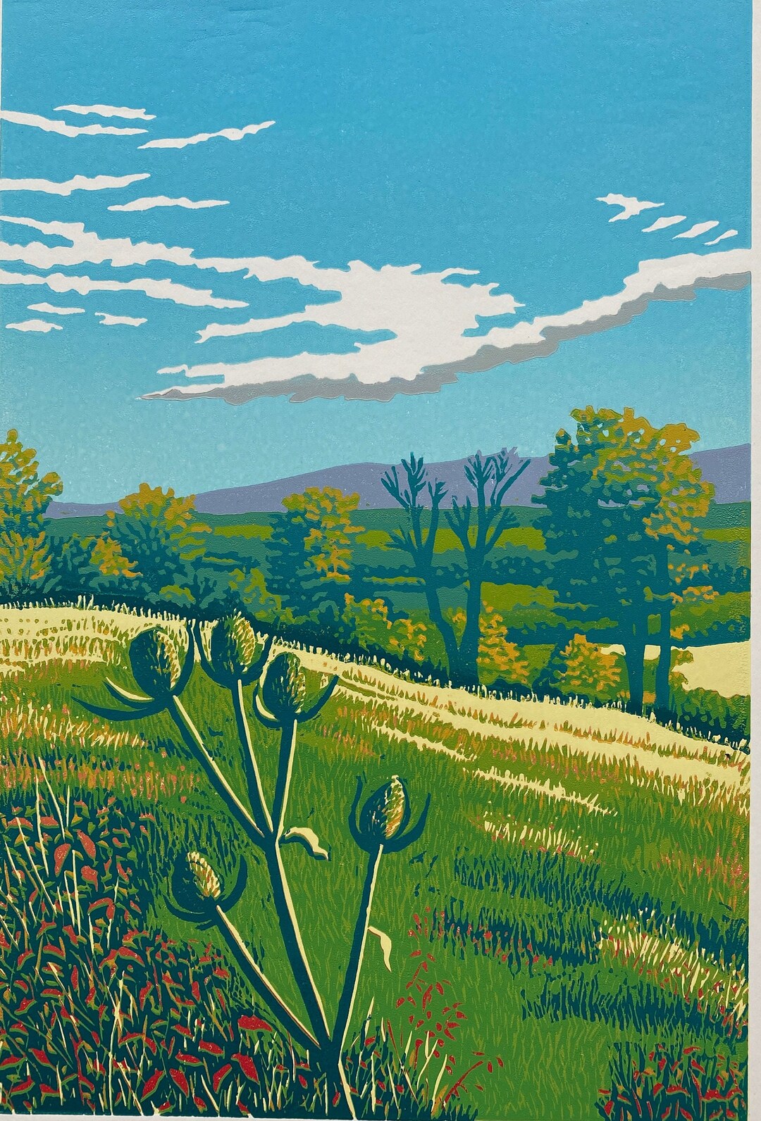 Landscape, Lino Print, Original Art, North Downs Way, Lino Cut, Blue ...