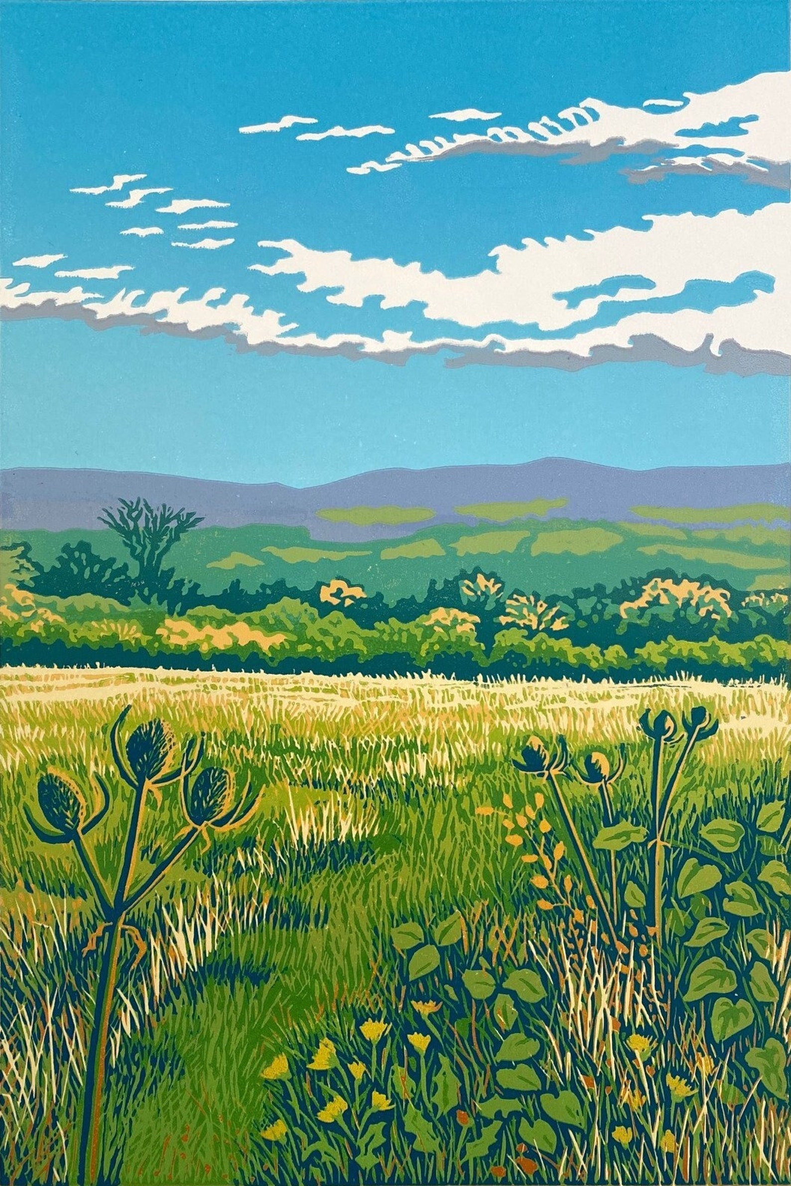 Landscape, Lino Print, Original Art, North Downs Way, Lino Cut, Blue ...